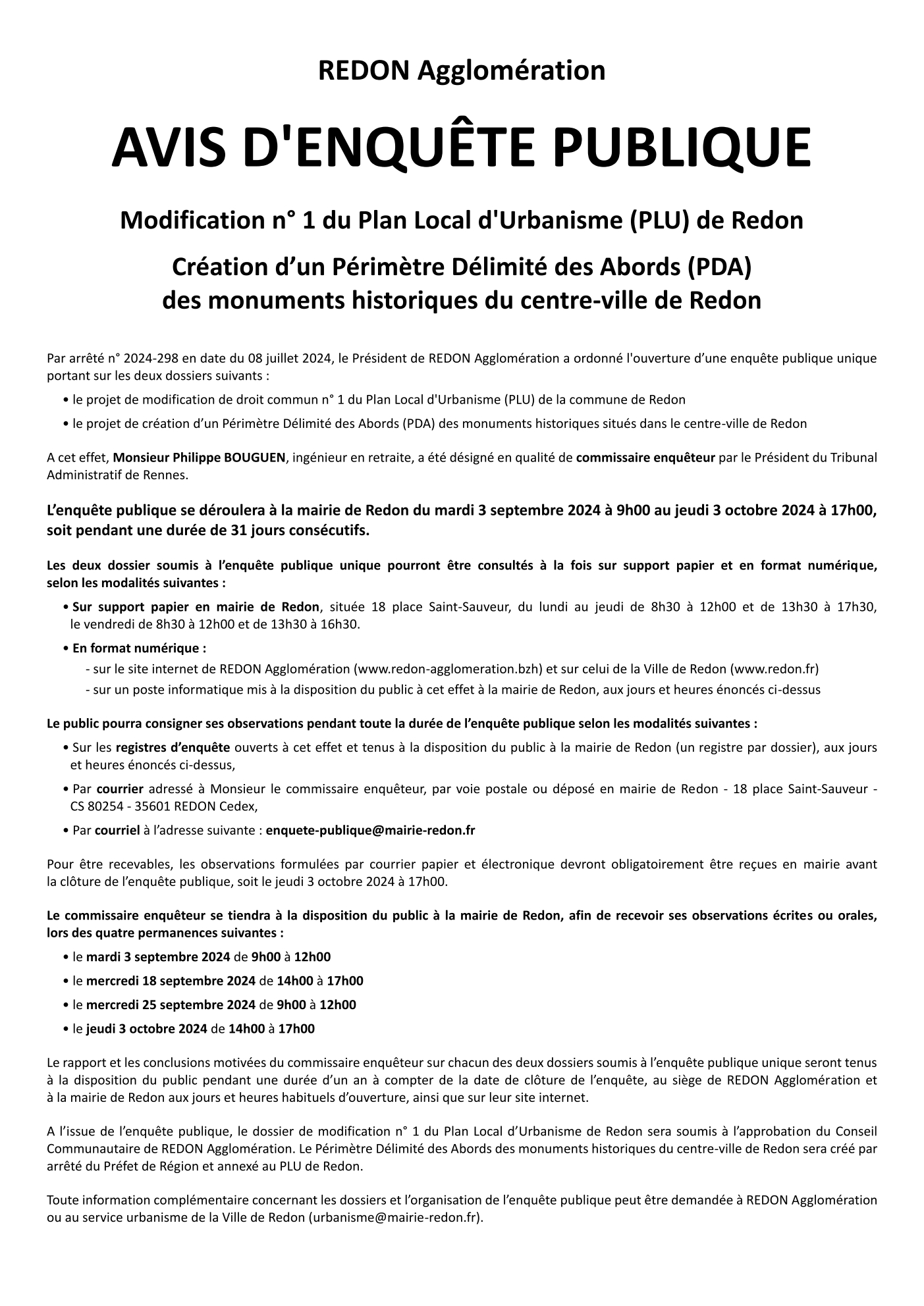 Urbanisme / Redon - Avis d'enquête publique unique - Modification de droit commun n°1 | Redon ...